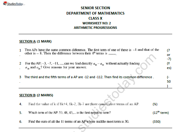 CBSE Class 10 Mathematics Arithmetic Progressions Worksheet Set B
